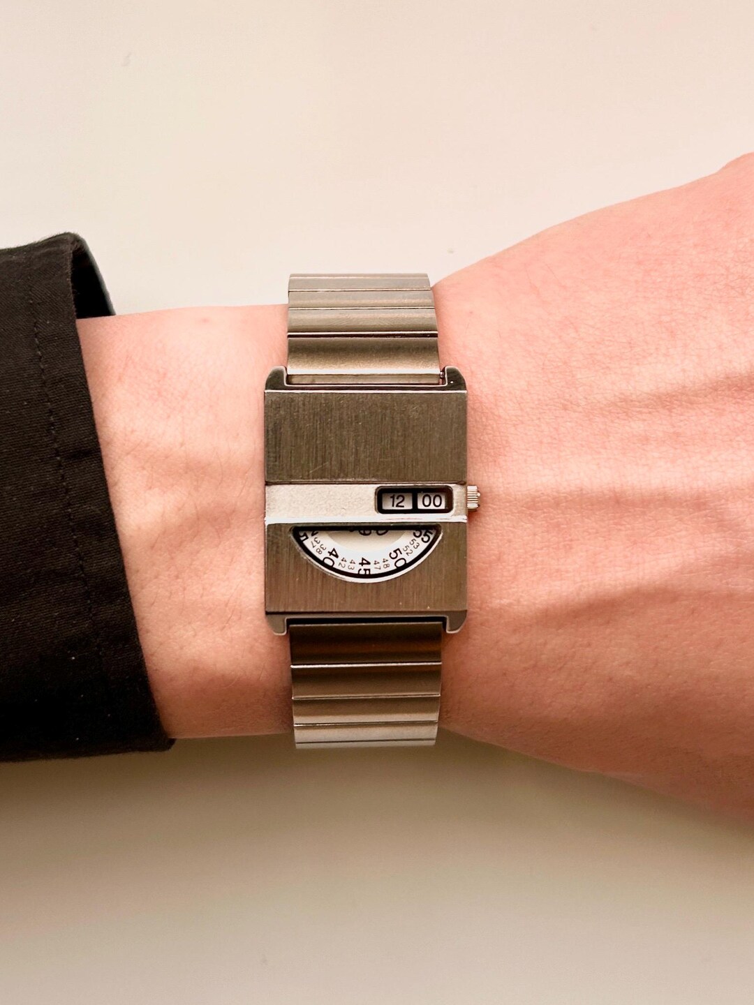 Silver, Gold & Black Vintage Watch Stainless Steel Jump Hour Minimalist ...