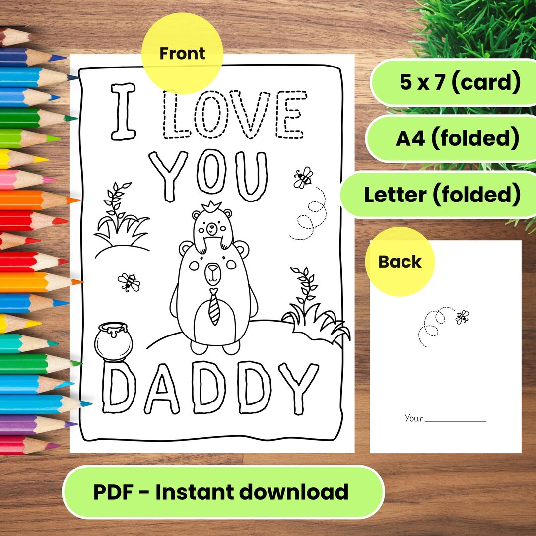 I Love Daddy - Father Day Coloring Card. Printable Kids Card to Color ...