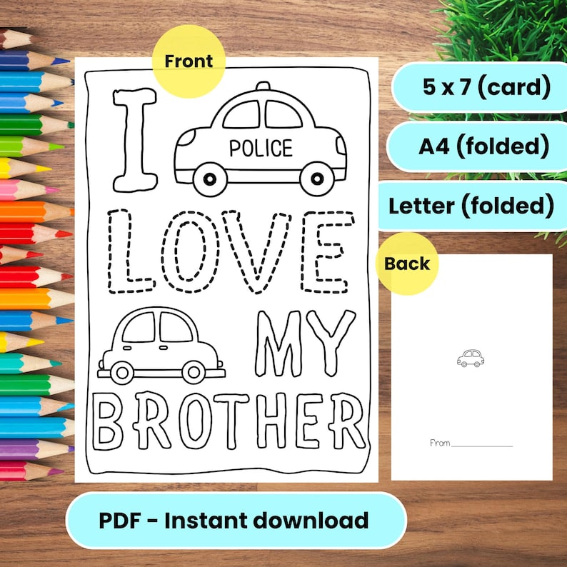 I Love My Brother - Printable Coloring Card, Digital Download, Greeting ...