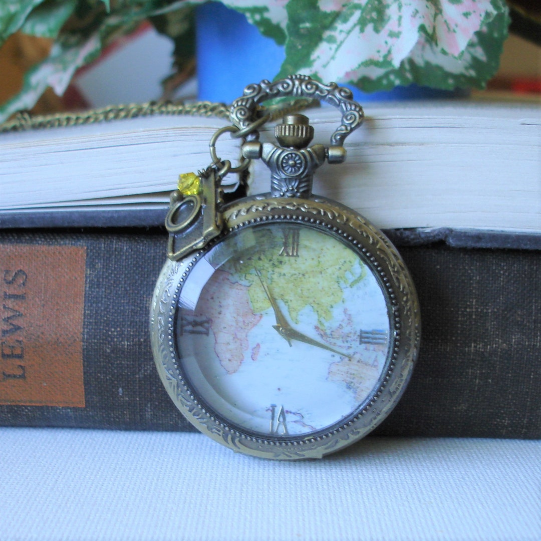 Womens World Map Pocket Watch Necklace, Antique Map Necklace, Globe ...