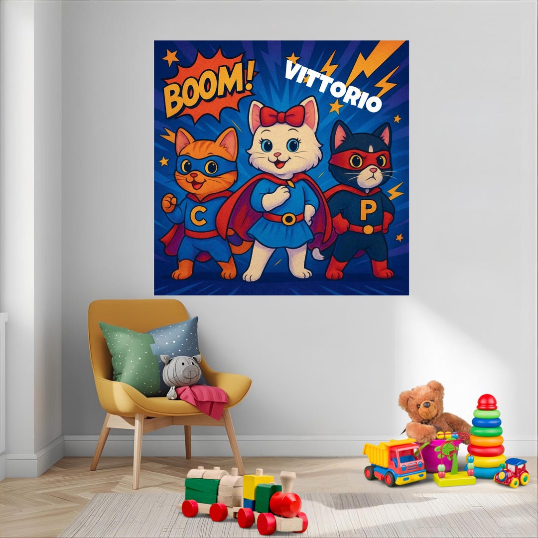 Personalized Superhero Cats Canvas | Action Comic Kids Wall Art ...