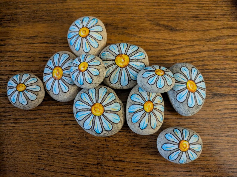 Daisies on River Rocks, Set of 10 Painted Daisy Rocks, Acrylic Paint ...