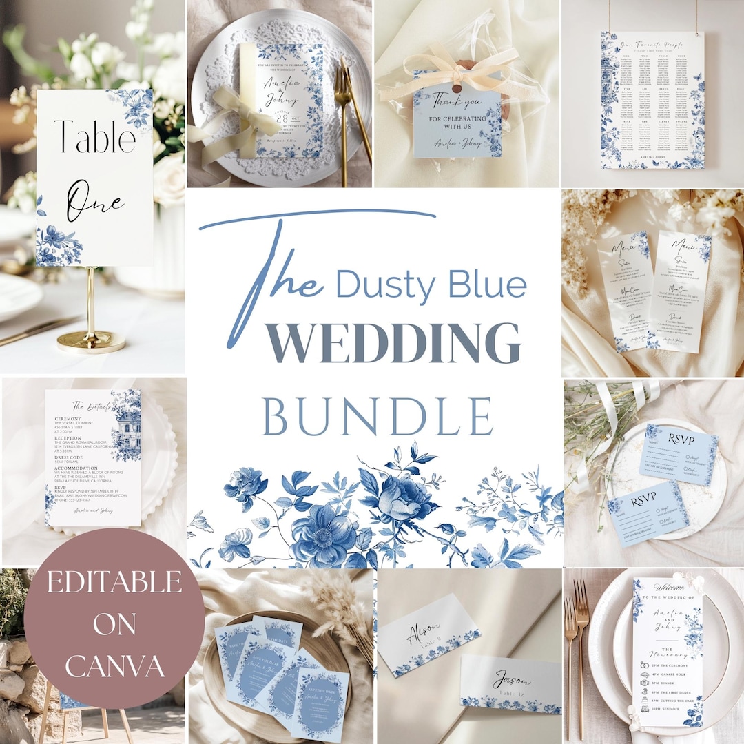 Dusty Blue Wedding Signage Bundle, Editable Floral Templates, Custom ...