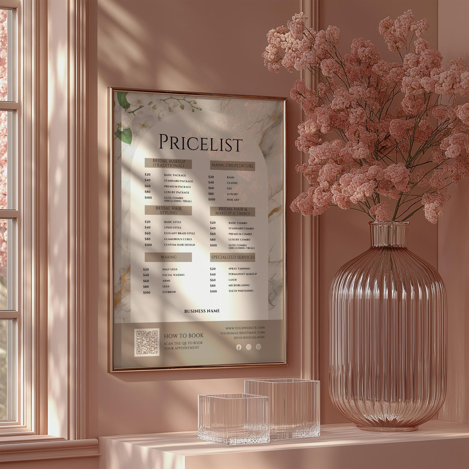 Wedding Beauty Service Menu Price List Template Floral Marble Design ...