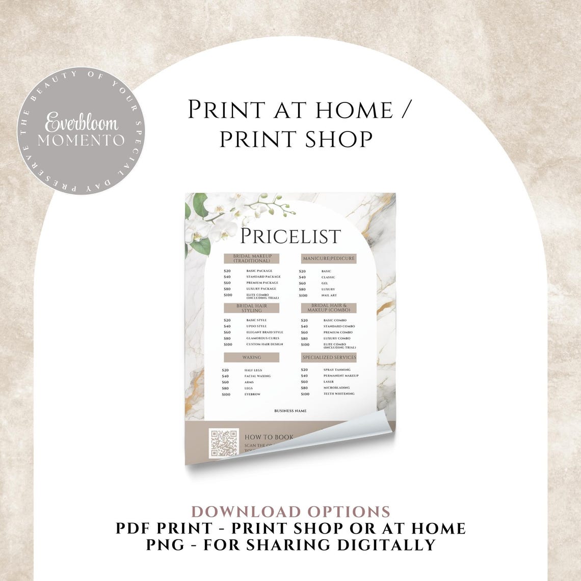 Wedding Beauty Service Menu Price List Template Floral Marble Design ...