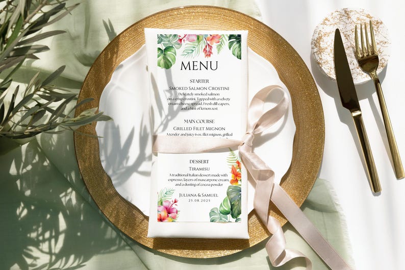 Tropical Theme Menu Cards, Editable Beach Wedding Menu, Printable ...