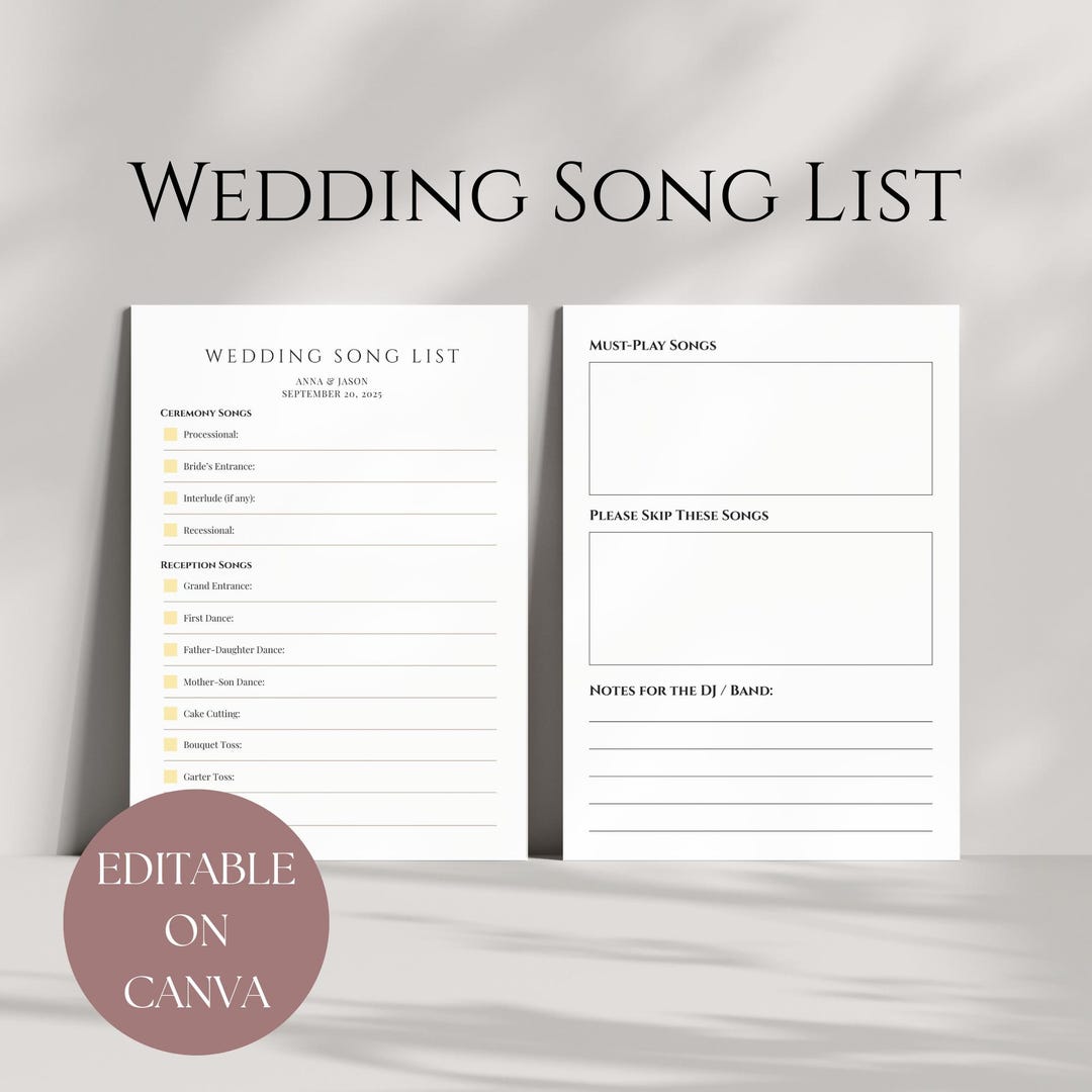 Wedding Song List Printable Template, Editable Music Checklist, Wedding ...