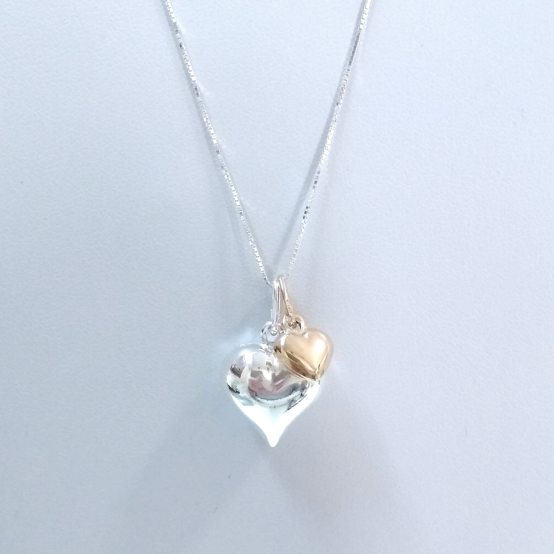 Two Tone Two Hearts Charm Pendants Box Chain Necklace 925 Sterling ...
