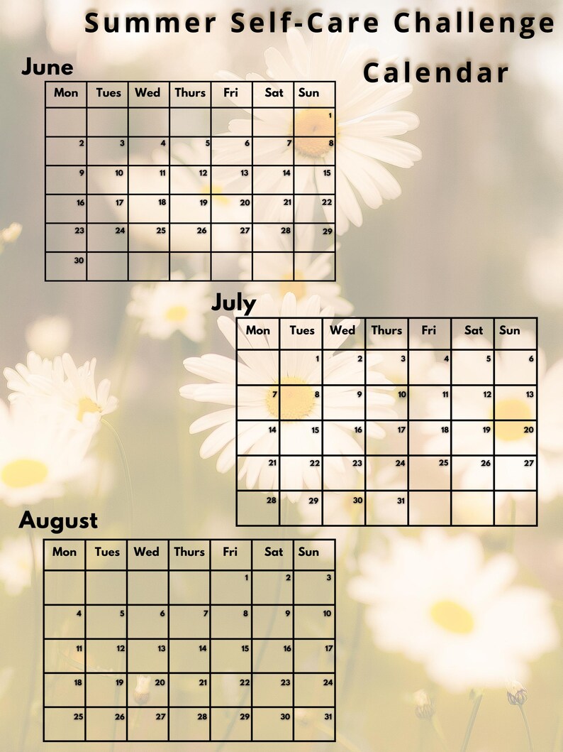 90-day Summer Self-care Challenge-daily Wellness Tasks Checklist ...