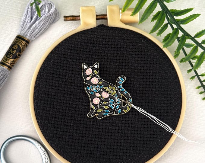 Floral Cat Needle Minder | Needle Keep | Needlepoint | Cross Stitch ...