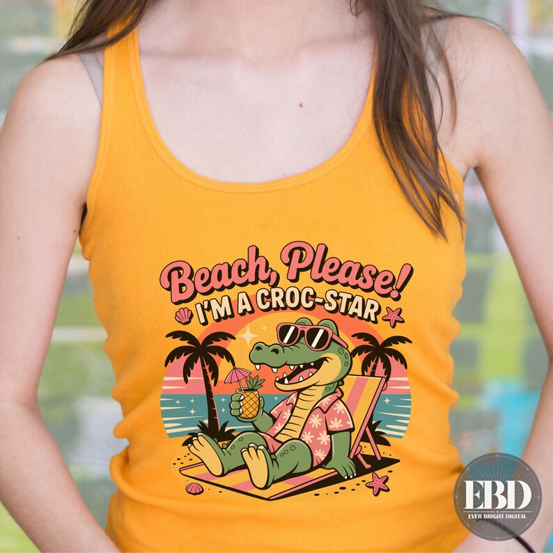 Funny Crocodile Summer Sublimation PNG, Beach Please Croc Star Retro Design, Cute Croc Shirt PNG ...