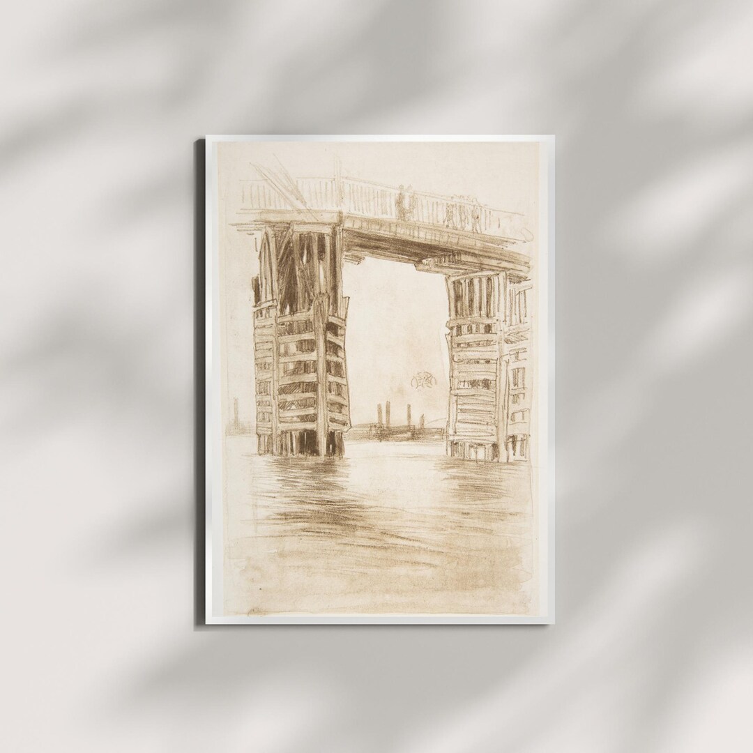 Antique Cityscape Drawing: Sepia River Bridge, Vintage Architecture ...
