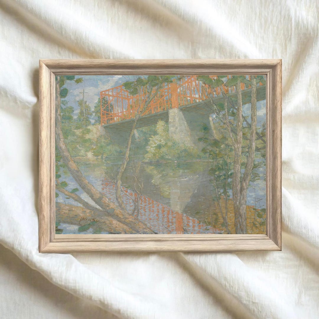Impressionist Bridge Landscape Printable Wall Art, Red Bridge Over ...