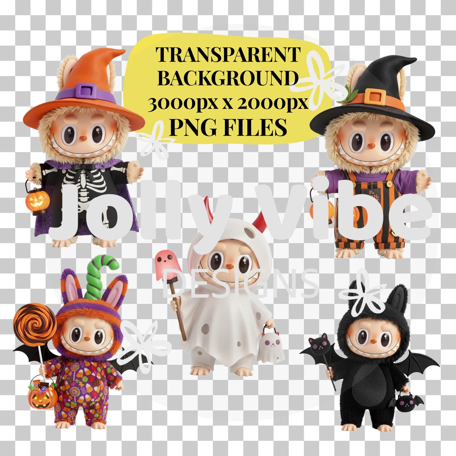 Labubu Halloween Clipart Bundle: Kawaii Pastel Doll PNG (digital ...
