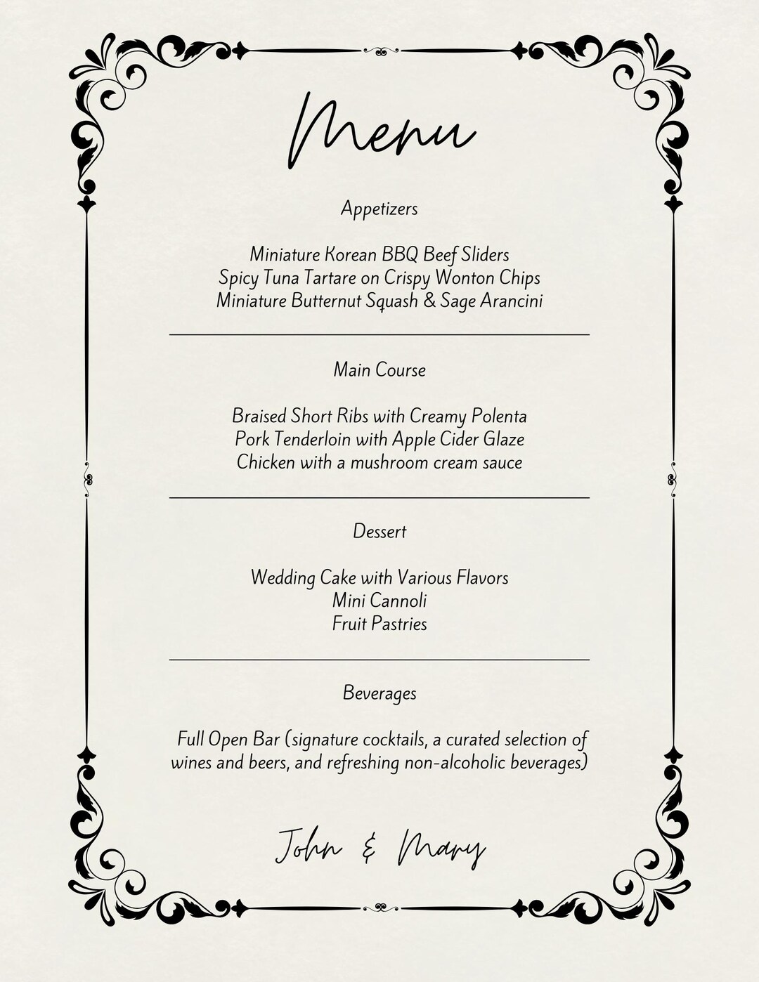 Customizable Wedding & Event Menu, Classic Elegant Simple Menu ...