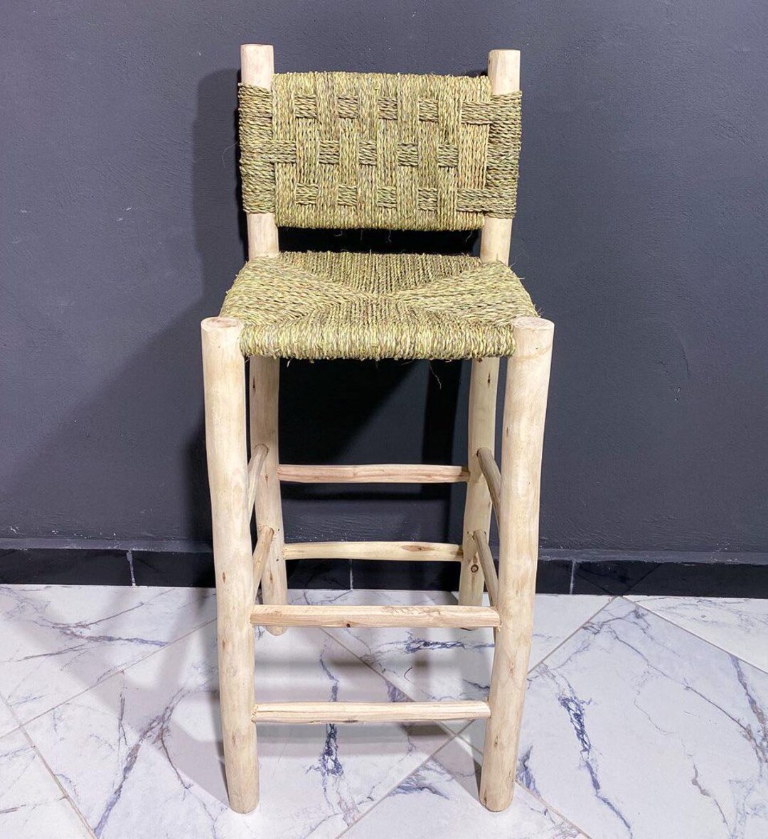 Moroccan Bar Stool – Handwoven Palm Leaf Seat – Rustic Boho Counter ...