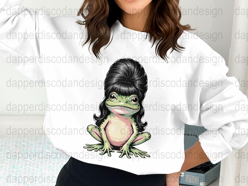 Green Frog With Black Beehive Hair - Retro 60s Style Illustration - PNG ...