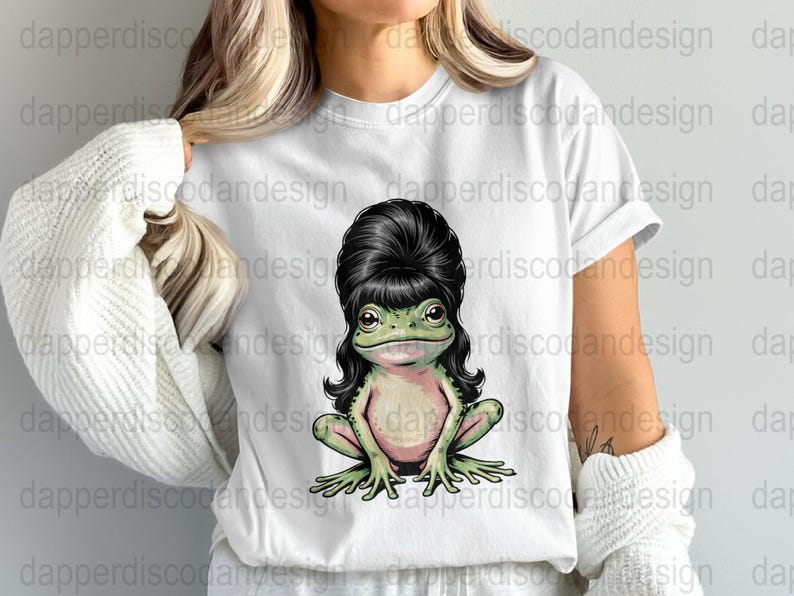 Green Frog With Black Beehive Hair - Retro 60s Style Illustration - PNG ...