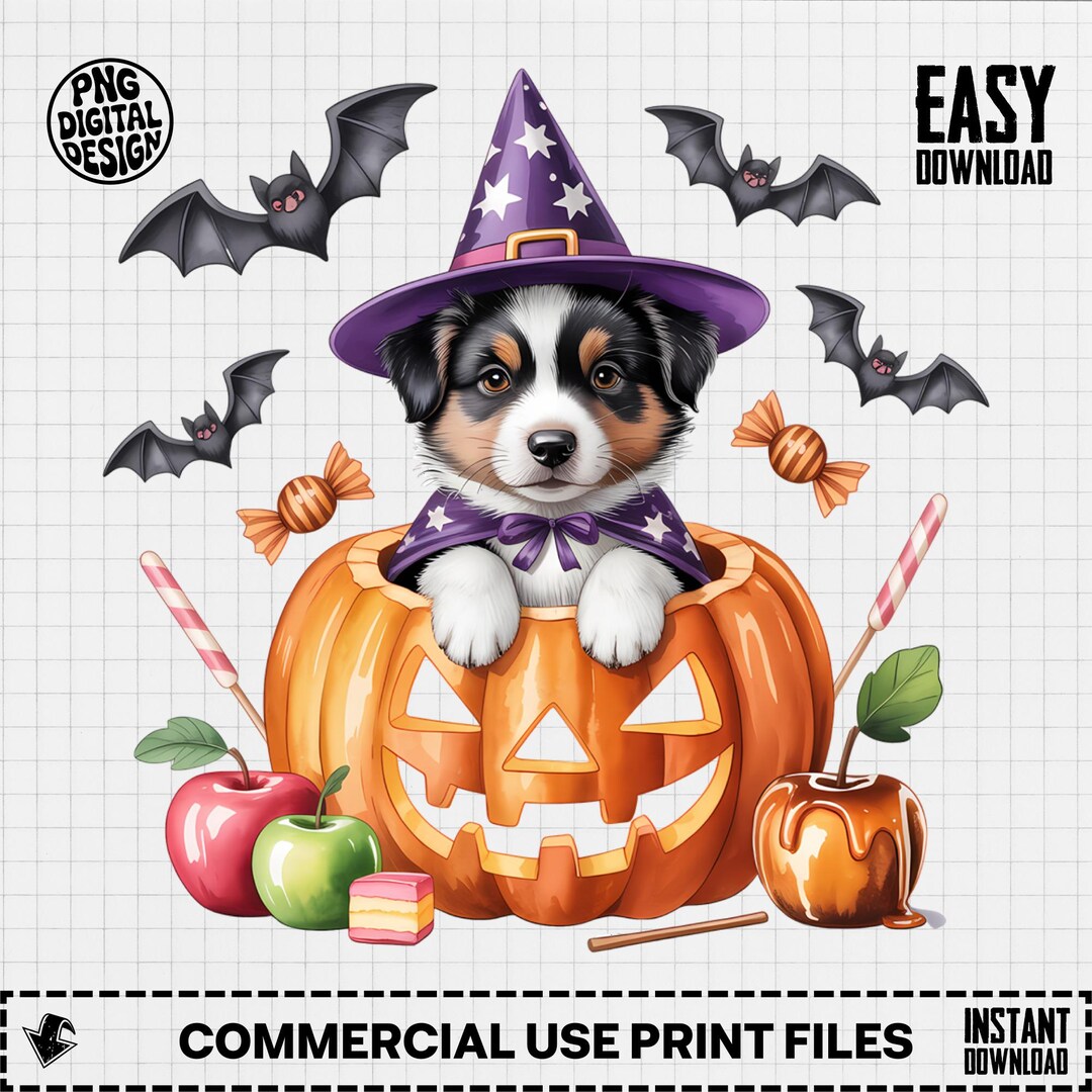 Halloween Aussie Shepherd Puppy Png, Witch Hat Dog Clipart, Pumpkin Png ...