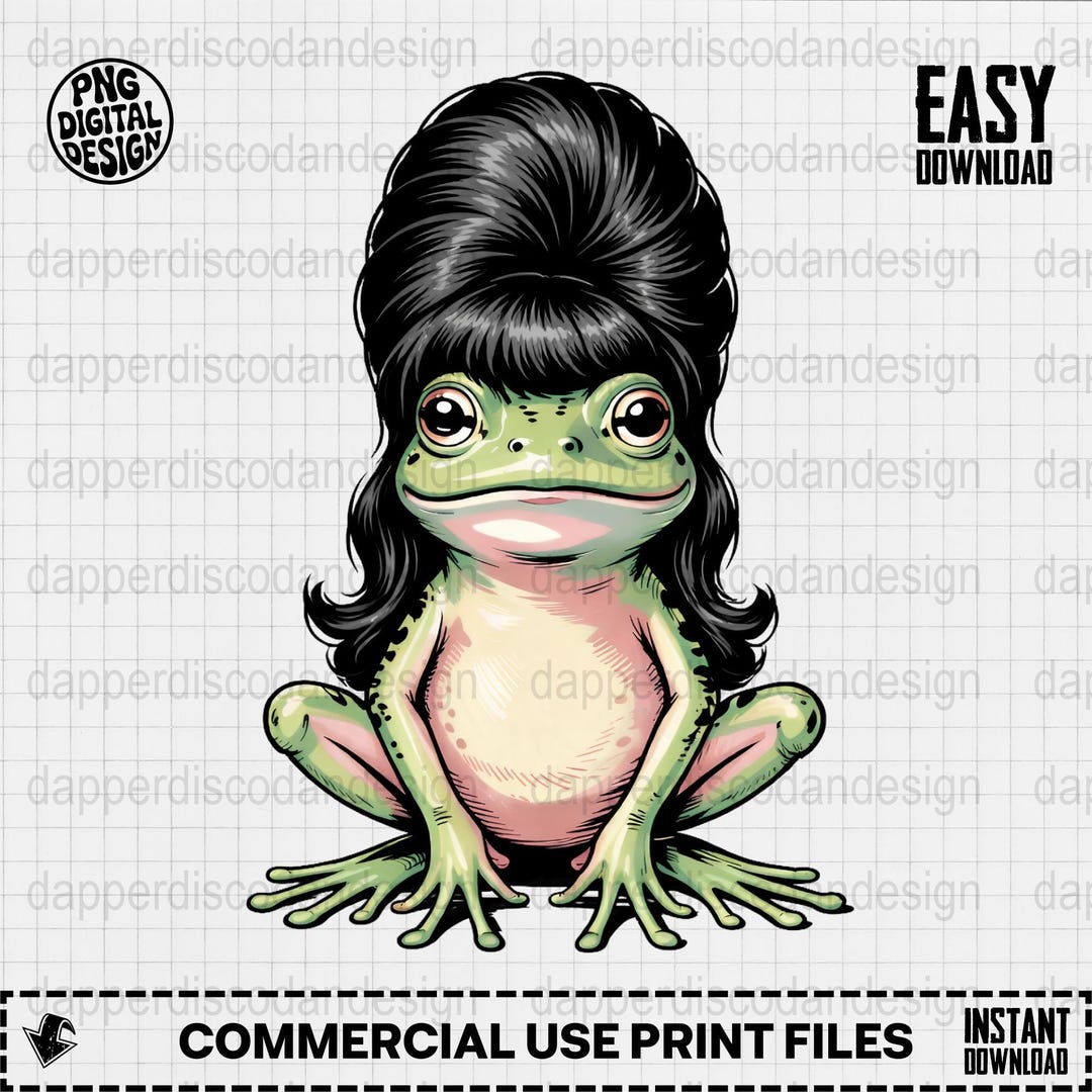 Green Frog With Black Beehive Hair - Retro 60s Style Illustration - PNG ...
