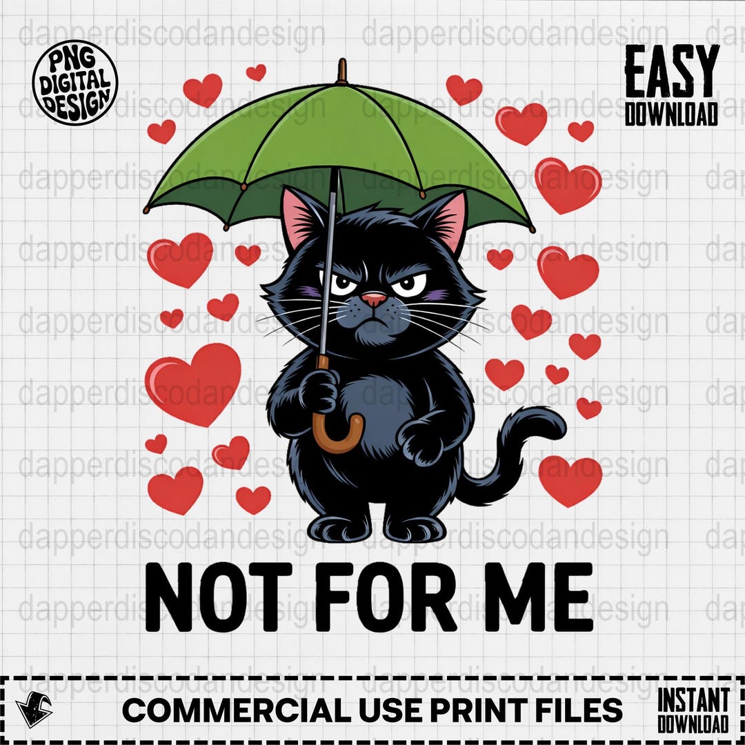 Anti Valentine Cat Not for Me PNG Grumpy Black With Umbrella Hearts ...