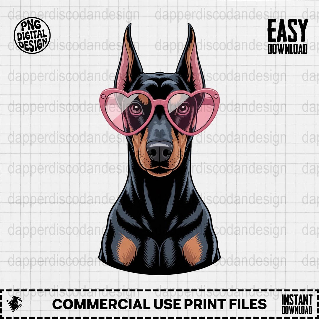 Elegant Doberman Valentine PNG Clipart With Pink Heart Sunglasses ...