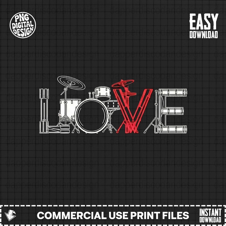 Cool Drummer Love PNG With Drum Set Forming Word Music Valentine Design ...