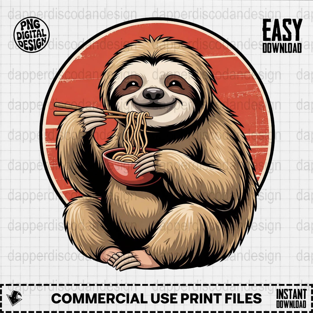Sloth Eating Ramen Clipart Funny Sloth Noodles PNG Cozy Food Animal Art ...