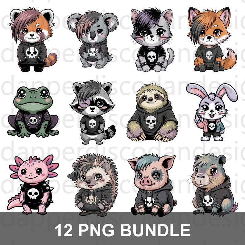 Emo Animal Clipart Bundle - 12 Pngs - Punk Animals in Skull Hoodies ...
