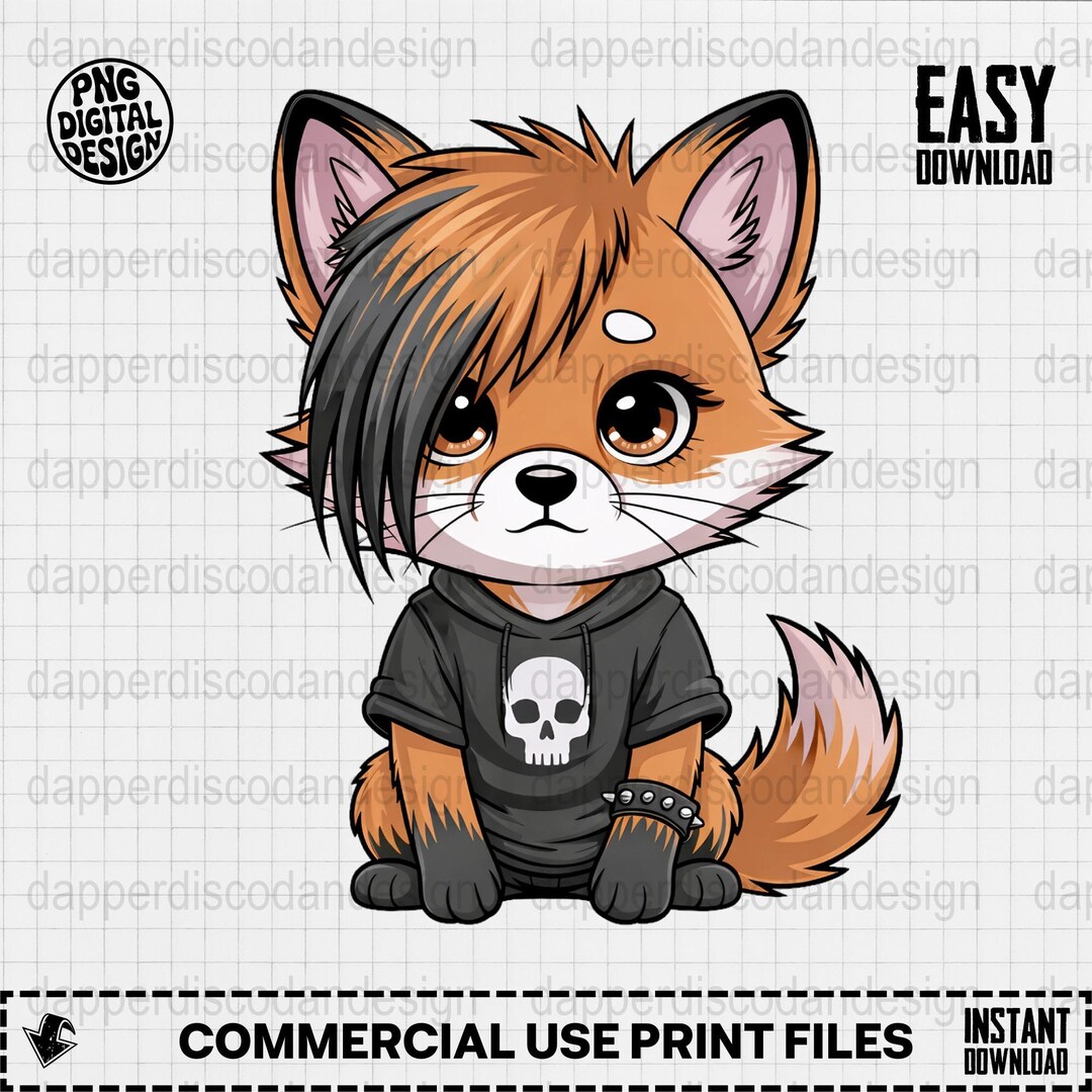 Emo Fox Clipart Sad Fox Wearing Skull Hoodie PNG Kawaii Goth Fox Art ...