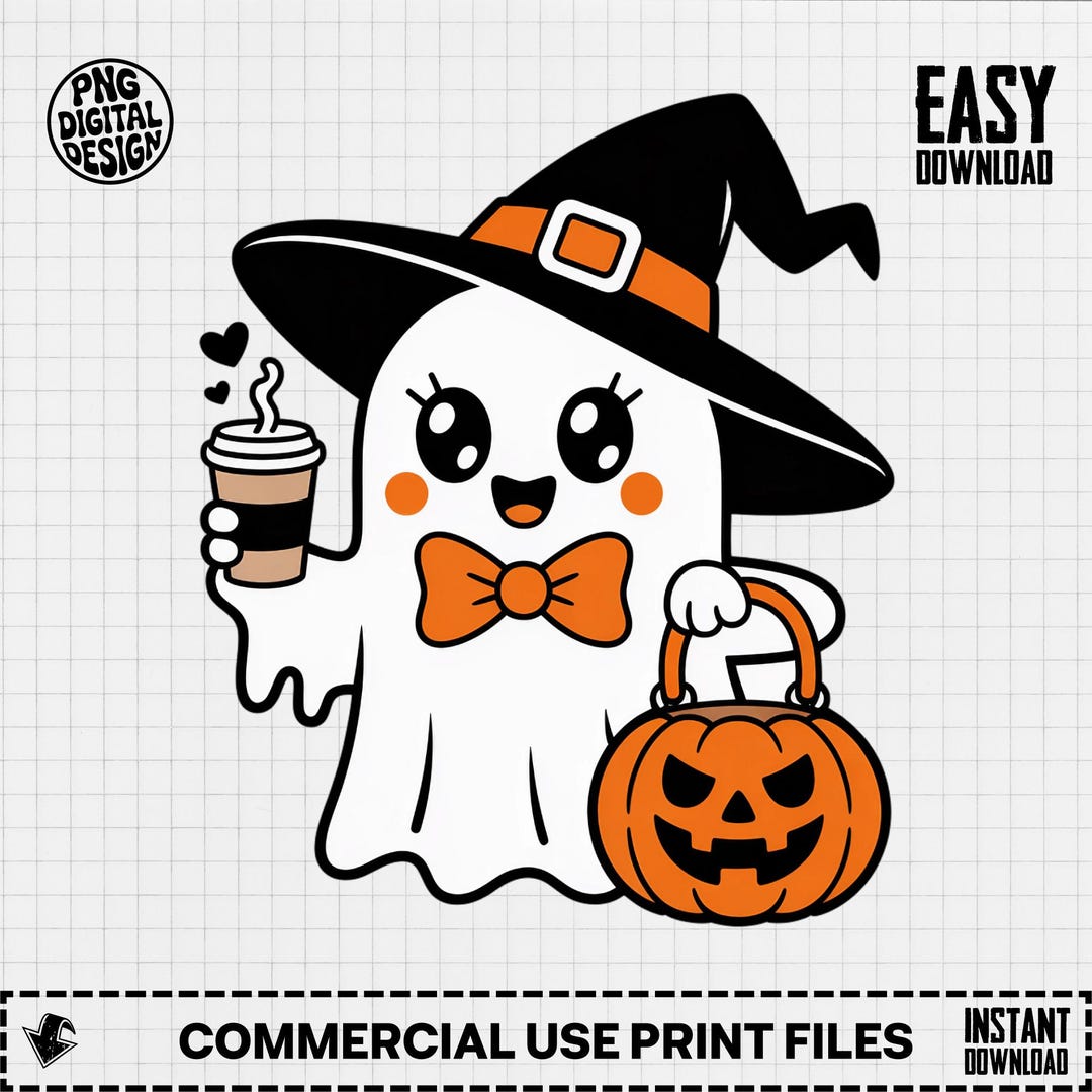 Ghost PNG Kawaii Coffee Halloween Witch Sublimation Clipart - Etsy