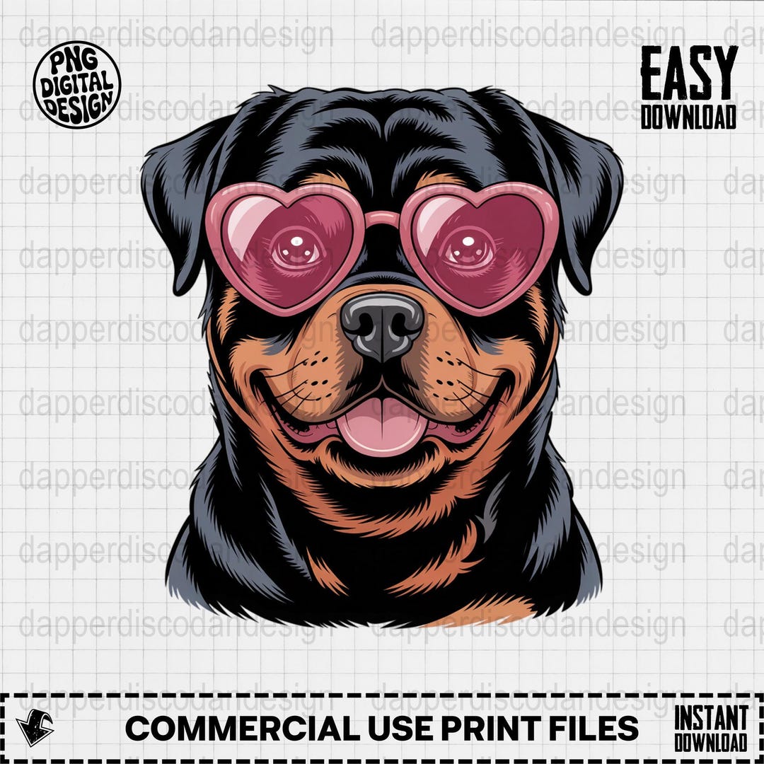 Cute Rottweiler Valentine PNG Clipart With Pink Heart Sunglasses Puppy ...