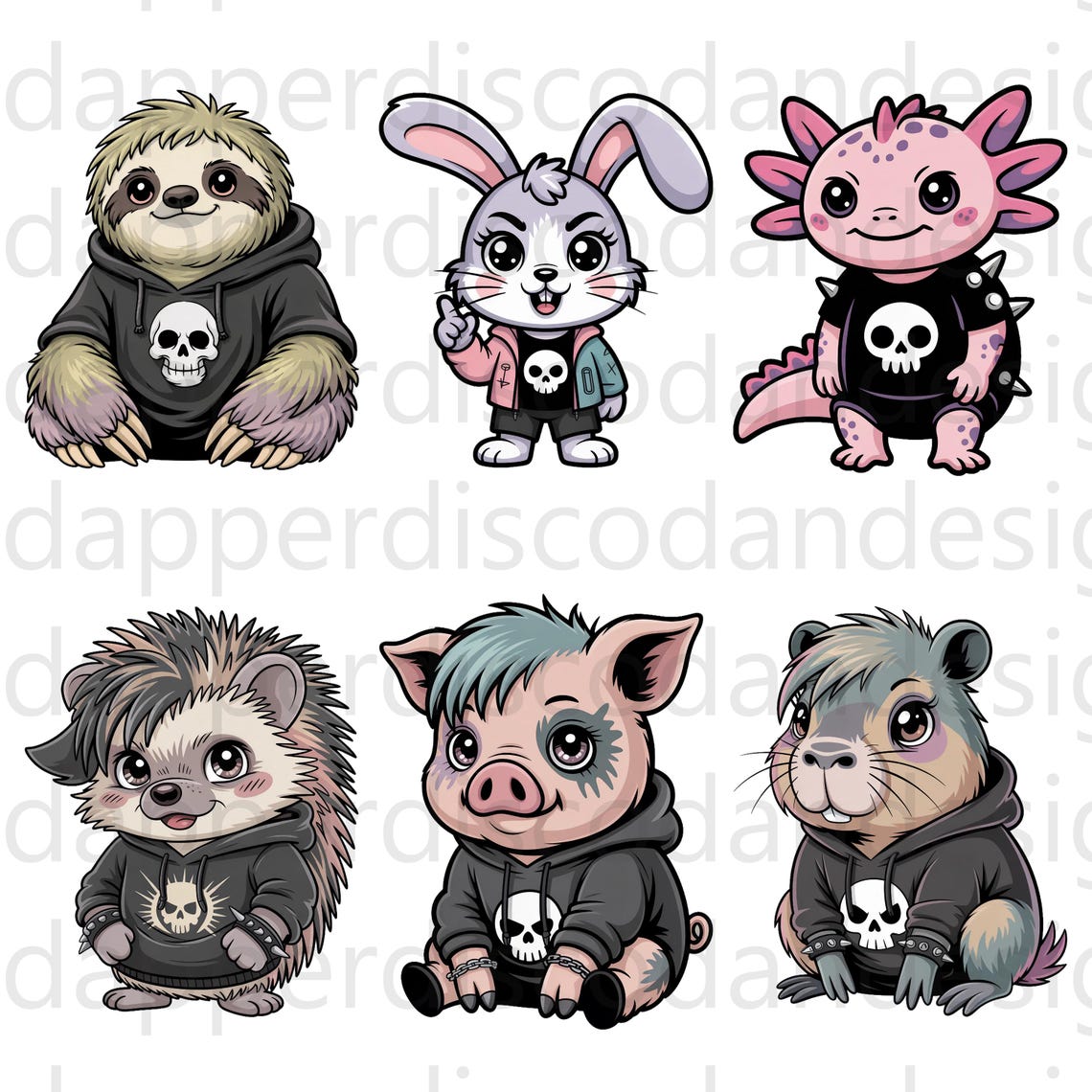 Emo Animal Clipart Bundle - 12 Pngs - Punk Animals in Skull Hoodies ...