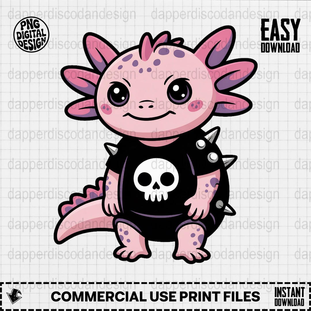 Cute Goth Axolotl Clipart Kawaii Emo Axolotl Wearing Skull Shirt PNG ...