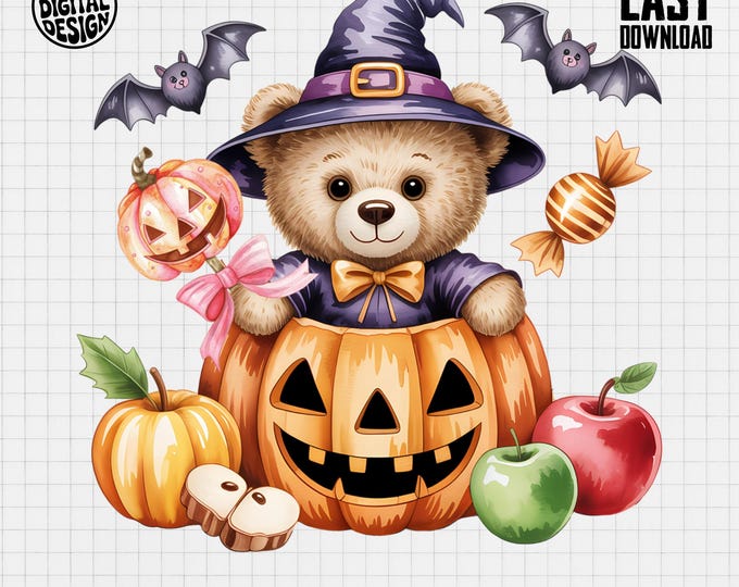 Halloween Bear Watercolor Clipart: Pumpkin PNG (digital Download ...
