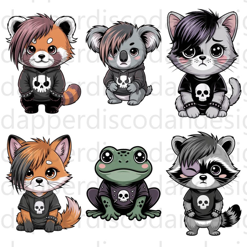 Emo Animal Clipart Bundle - 12 Pngs - Punk Animals in Skull Hoodies ...