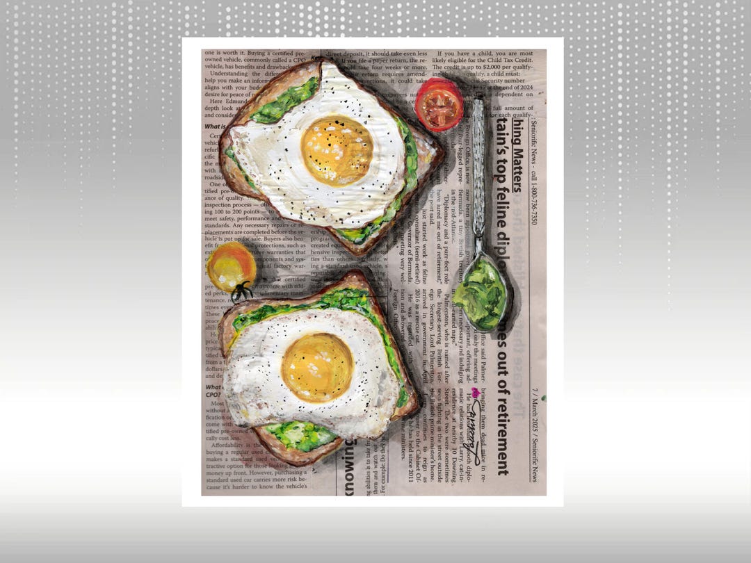 Egg Toast Art Print: Sourdough Avocado Breakfast on Newspaper (digital ...
