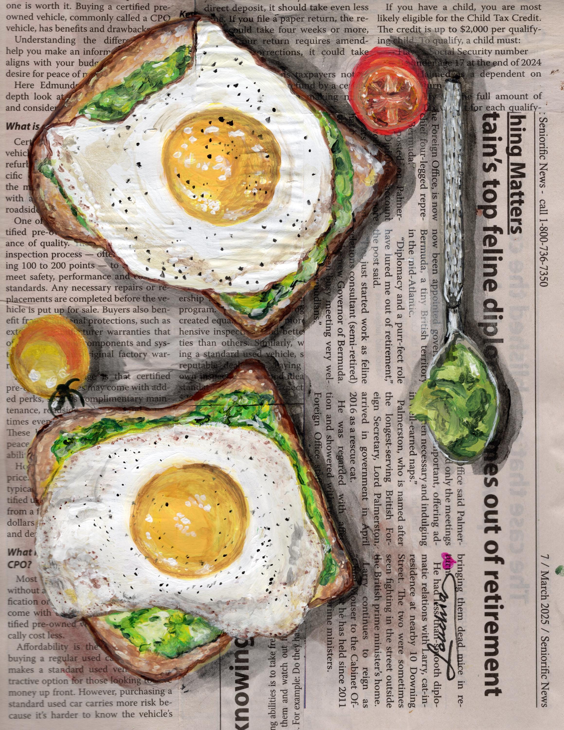 Egg Toast Art Print: Sourdough Avocado Breakfast on Newspaper (digital ...