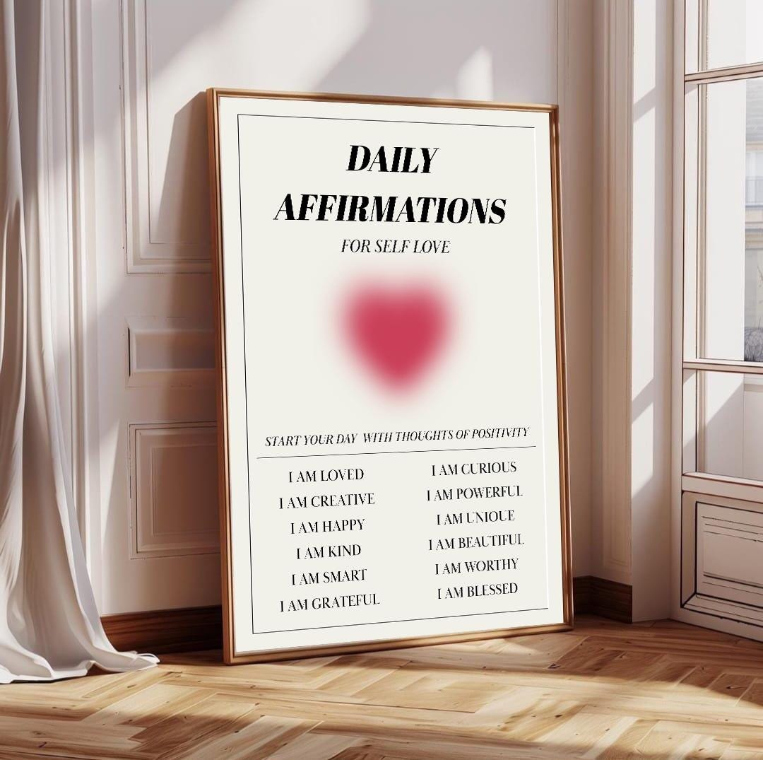 Daily Affirmations Wall Art, Positive Quotes Print With Red Heart, Self ...