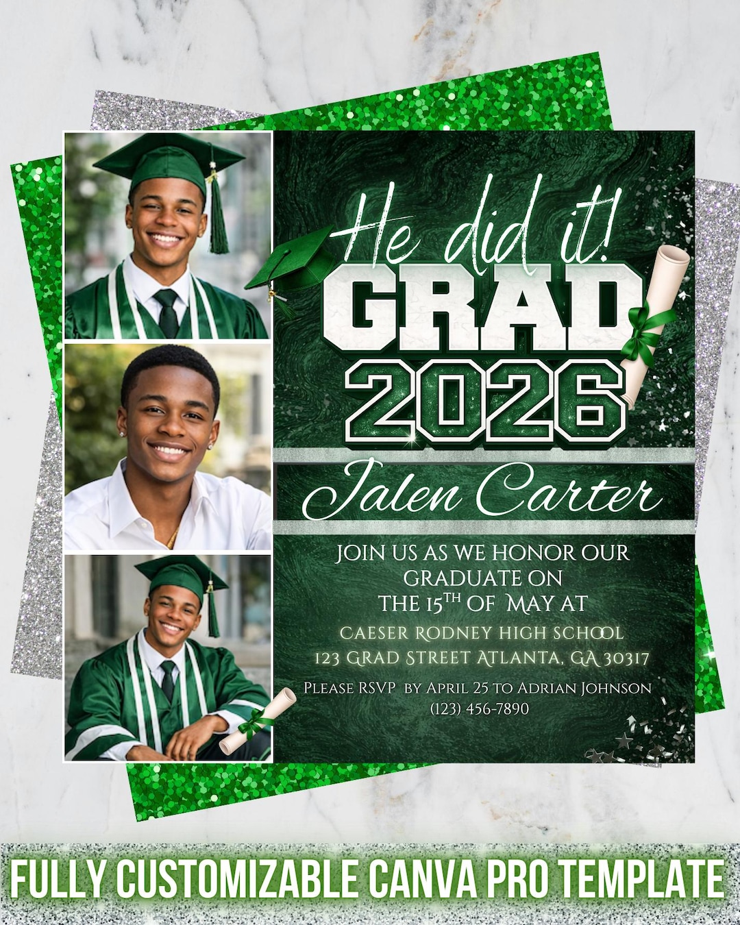 Graduation Flyer 2026 Green Graduation Invitation Canva Template High ...