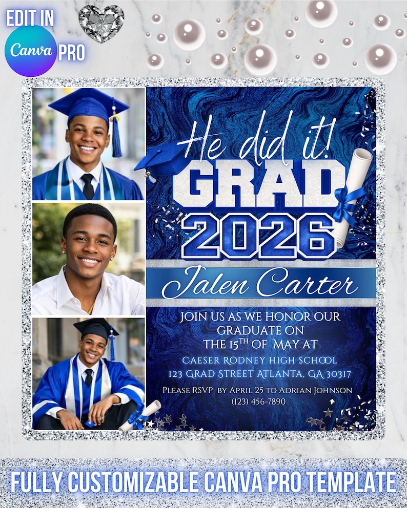 Graduation Flyer 2026 Blue Graduation Invitation Canva Template High ...