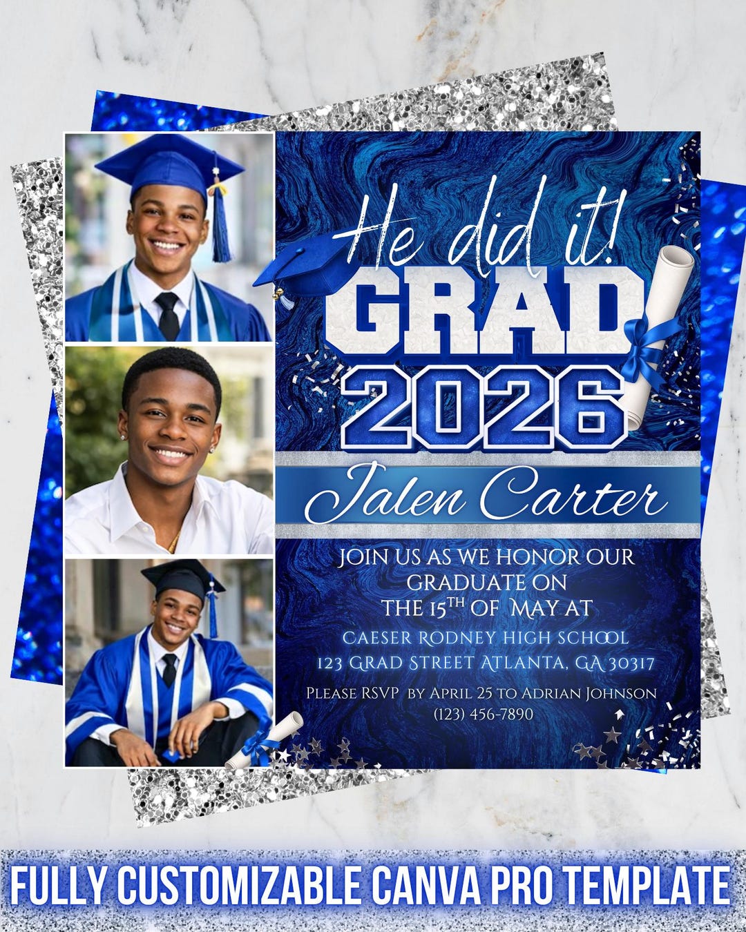 Graduation Flyer 2026 Blue Graduation Invitation Canva Template High ...