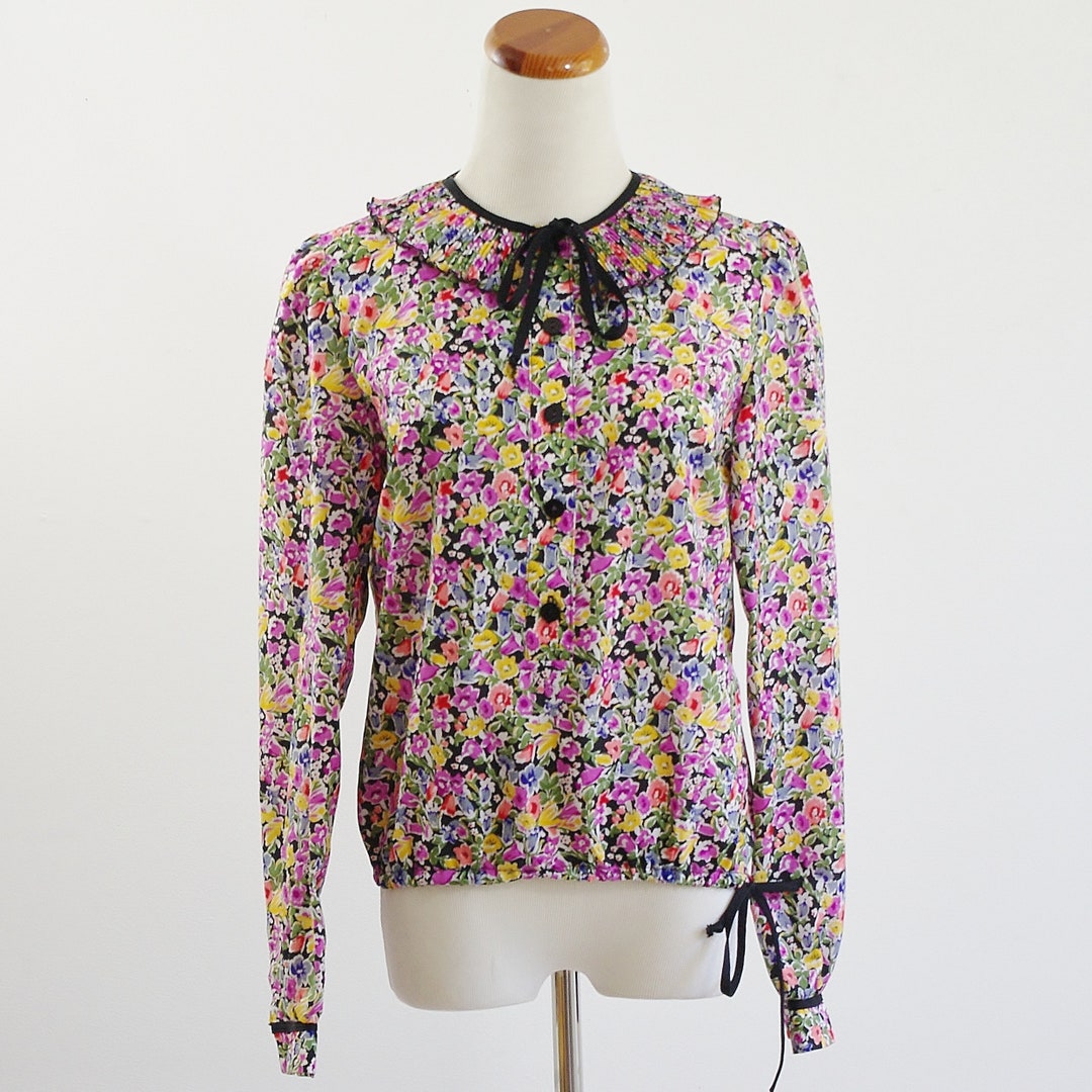 Vintage Pullover Top, Ruffle Floral Shirt, Long Sleeve Flower Print ...