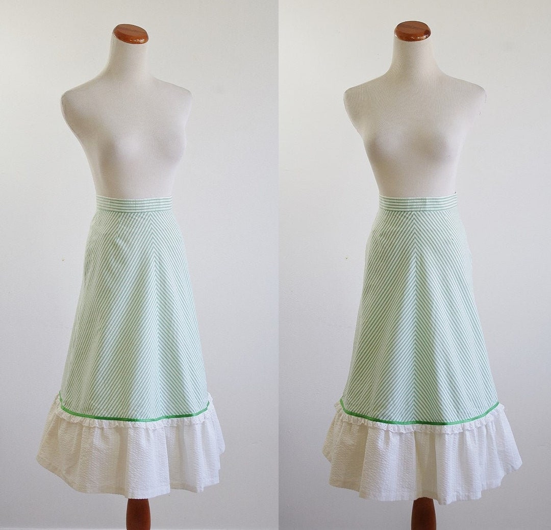 Vintage Seersucker Skirt, Handmade A Line Skirt, Green and White Skirt ...