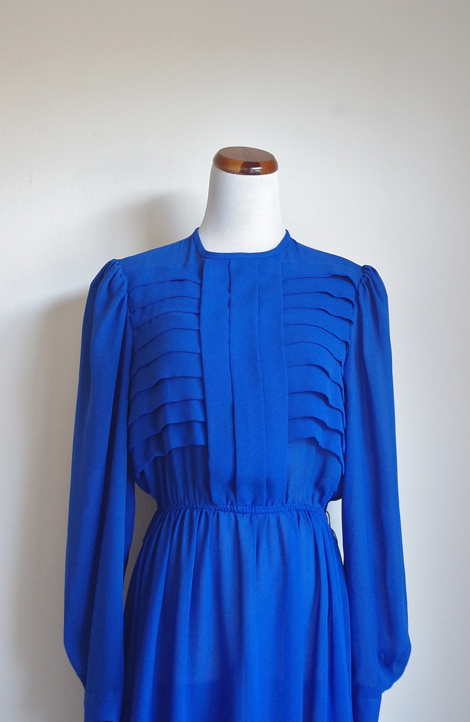 Vintage Cobalt Blue Dress, 80s Dress, Sheer Dress, Long Sleeve Dress ...