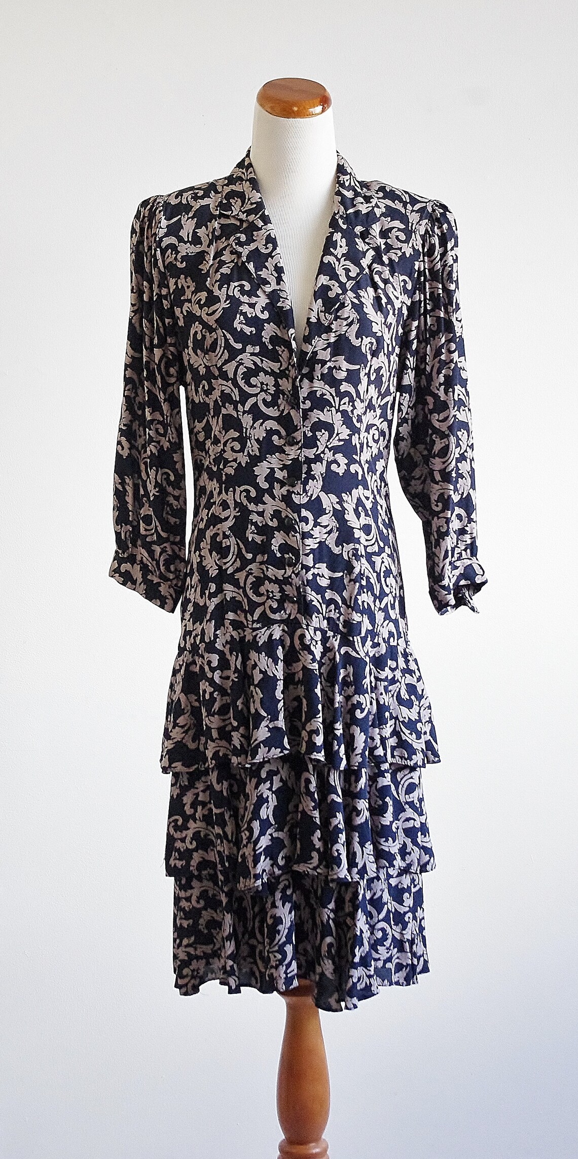 Vintage Drop Waist Dress, 80s Ruffle Dress, Collared Dolman Sleeve ...