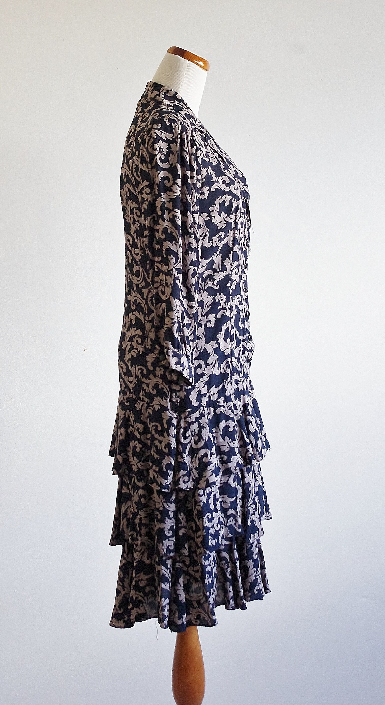 Vintage Drop Waist Dress, 80s Ruffle Dress, Collared Dolman Sleeve ...