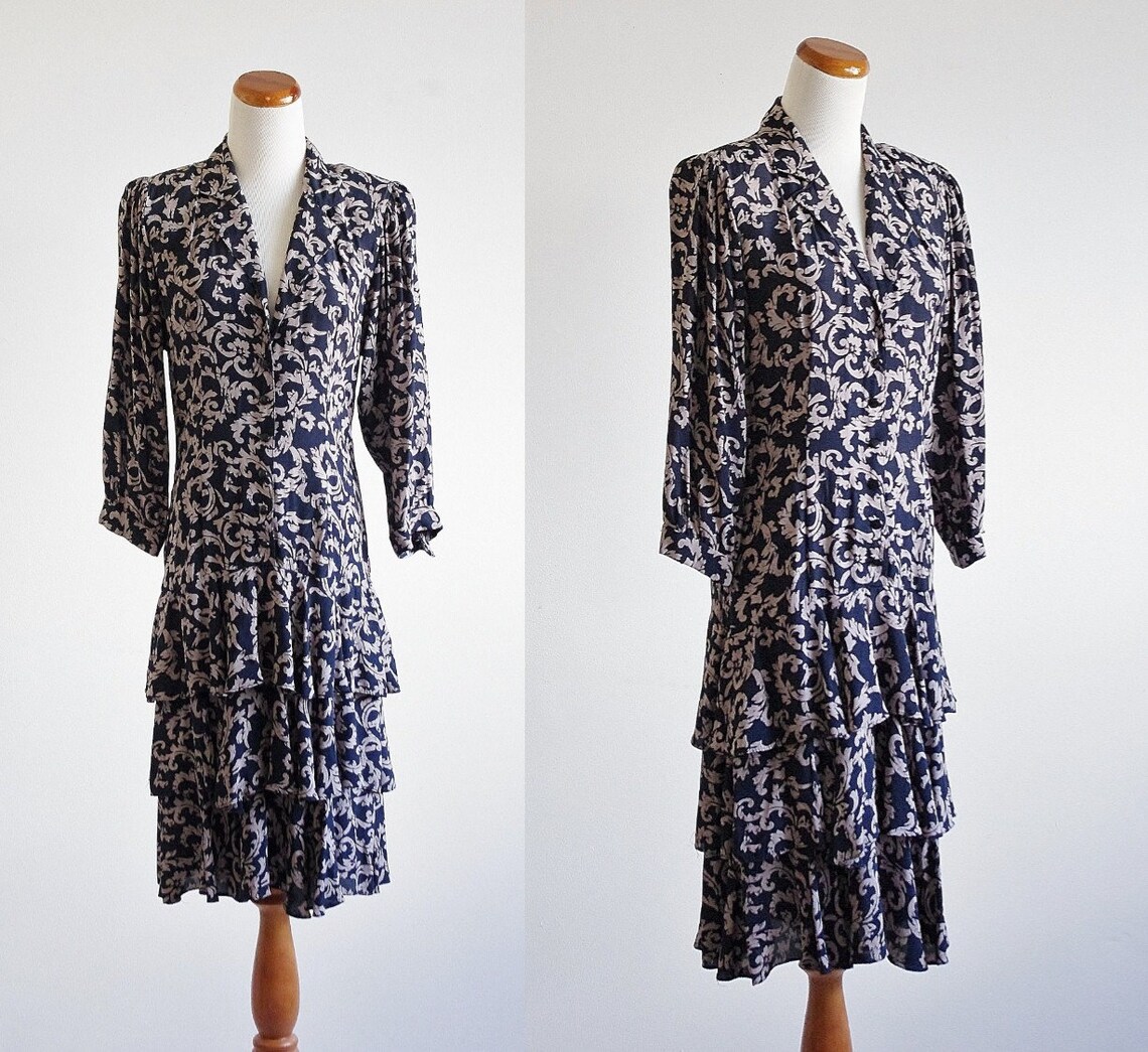 Vintage Drop Waist Dress, 80s Ruffle Dress, Collared Dolman Sleeve ...