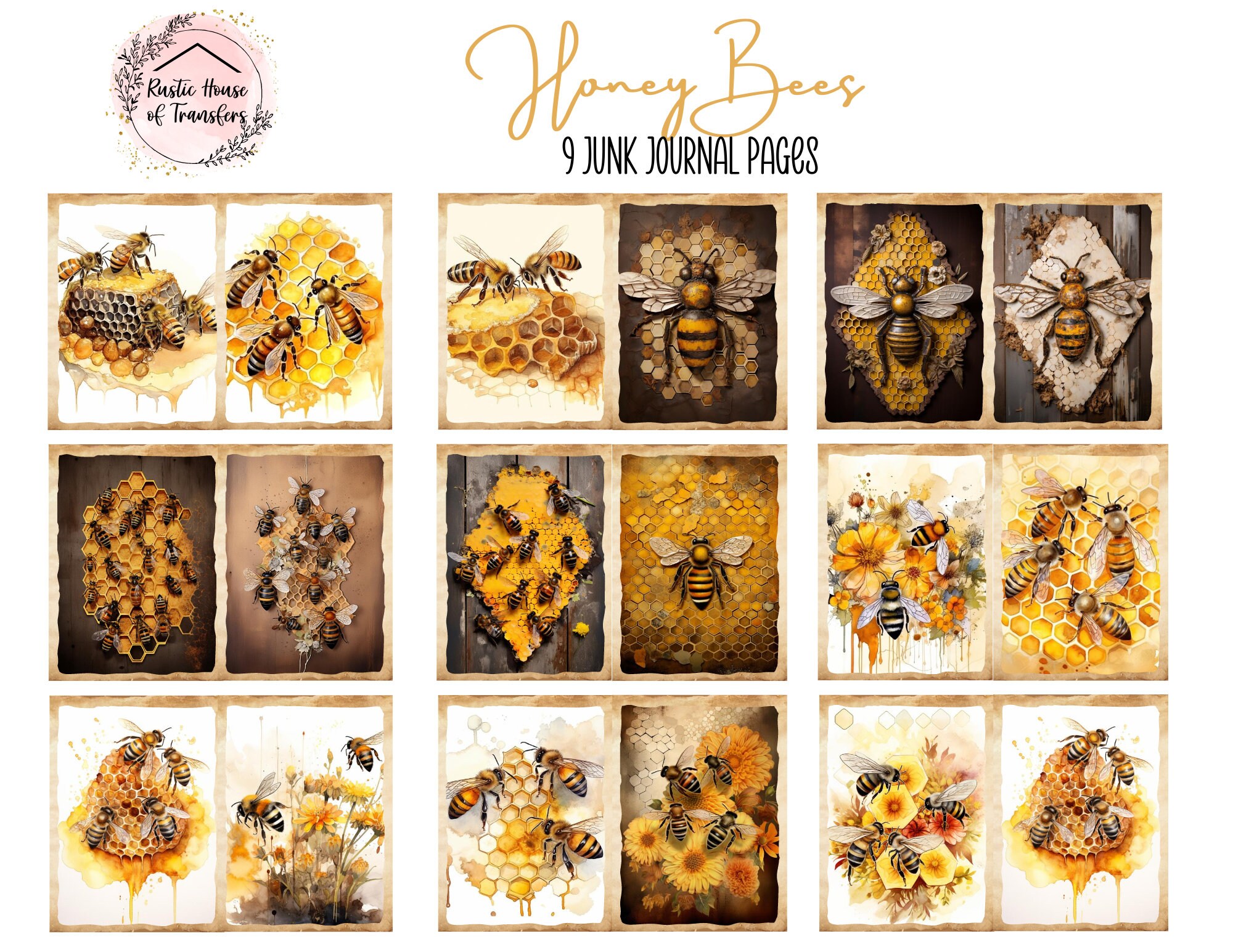 Honey Bees Junk Journal Pages / Honey Comb Printable Kit / Bee Collage ...