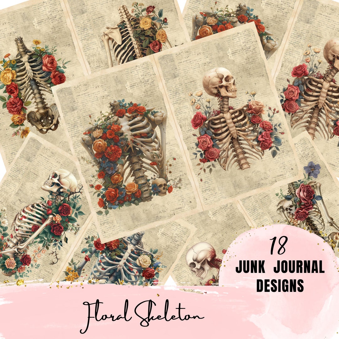 Distressed Floral Skeleton Junk Journal Mix Media Torso Skull Supplies ...